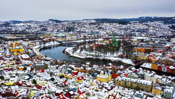 Trondheim, Norway. Aerial view of the city center in winter in ...