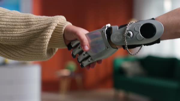 Cropped shot of man with bionic prosthetic hand giving handshake female ...