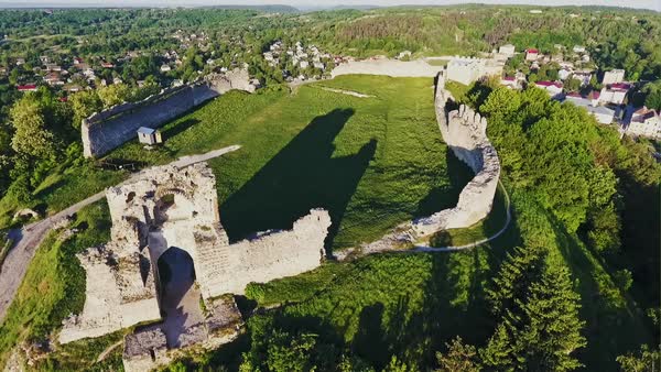 Aerial view of beautiful old ruined merlon battlement with remnants of ...