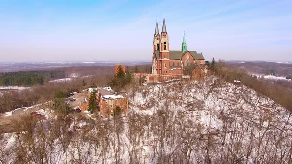 Aerial view of the breathtaking steeples of Holy Hill Church, Wisconsin ...