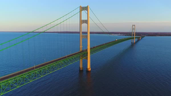 Breathtaking, majestic Mackinac Bridge, sunset aerial view, Upper ...