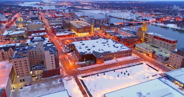 Winter nighttime twilight view of Green Bay Wisconsin Downtown with ...