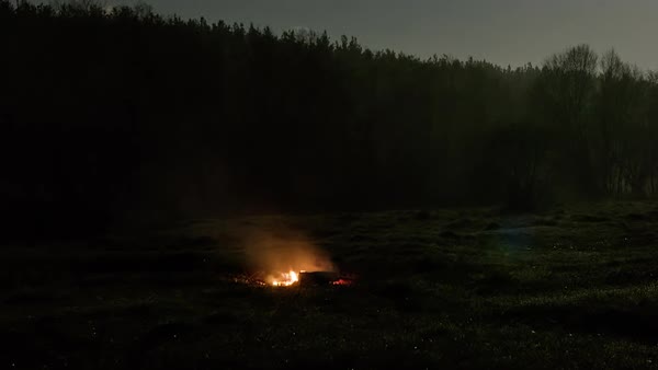 Campfire going out at night in wind - Stock Video Footage - Dissolve