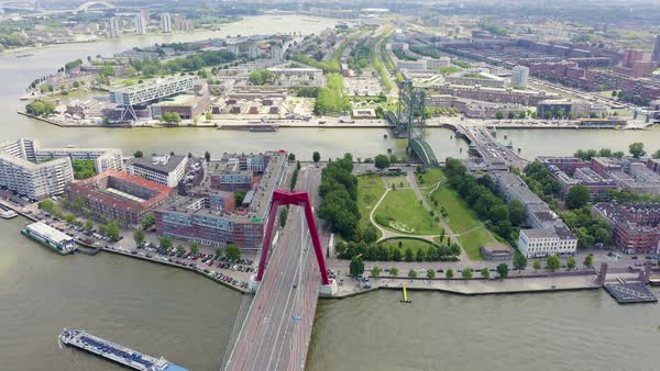 Rotterdam cityscape with rooftops, De Hef Drawbridge and Koninginnebrug ...