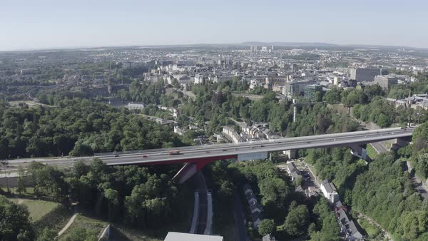 D-Log. Luxembourg, Historical city center in the morning. Pont Rouge ...
