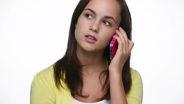 Closeup of teenager girl calling girlfriend with phone isolated on ...