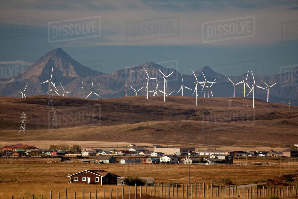 Power-generating windmills near Fort MacLeod, Alberta, Canada. - Stock ...