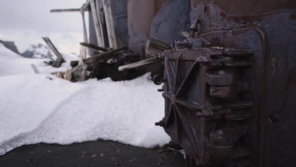 Close-up shot of abandoned storage tanks in Antarctica - HD Royalty ...