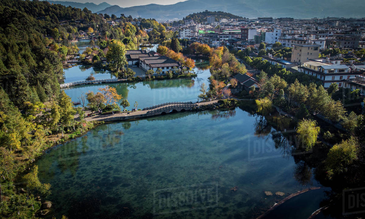 Aerial view. Black Dragon Lake. Lijiang, Yunnan, China. Bridge, temple ...