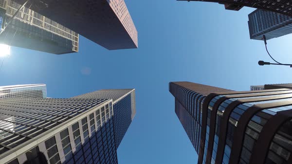 Vertical view of high rise office buildings in business district in New ...