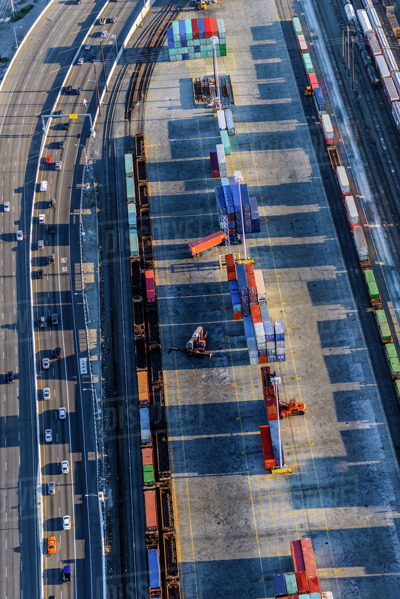 Aerial view of shipping yard and freeway - Royalty-free Stock Photo ...