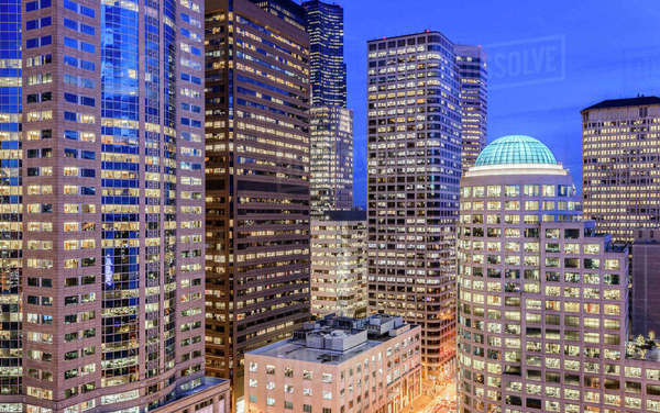 Seattle highrise buildings lit up at night, Washington, United States ...