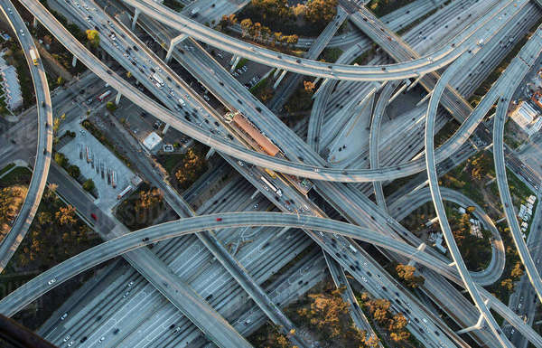 Aerial view of highway interchange in cityscape - Royalty-free Stock ...