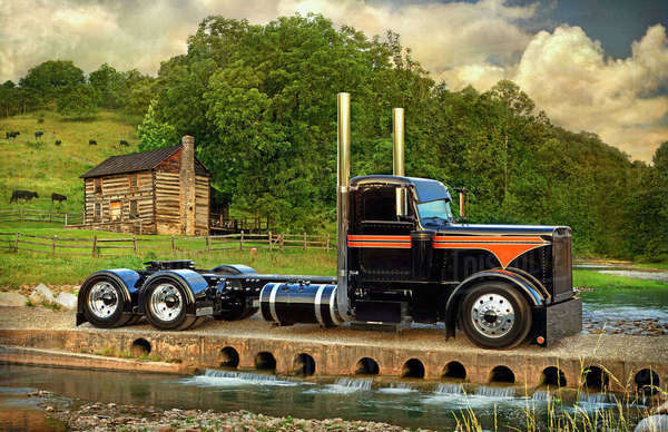 Semi-truck driving on bridge over river - Royalty-free Stock Photo ...