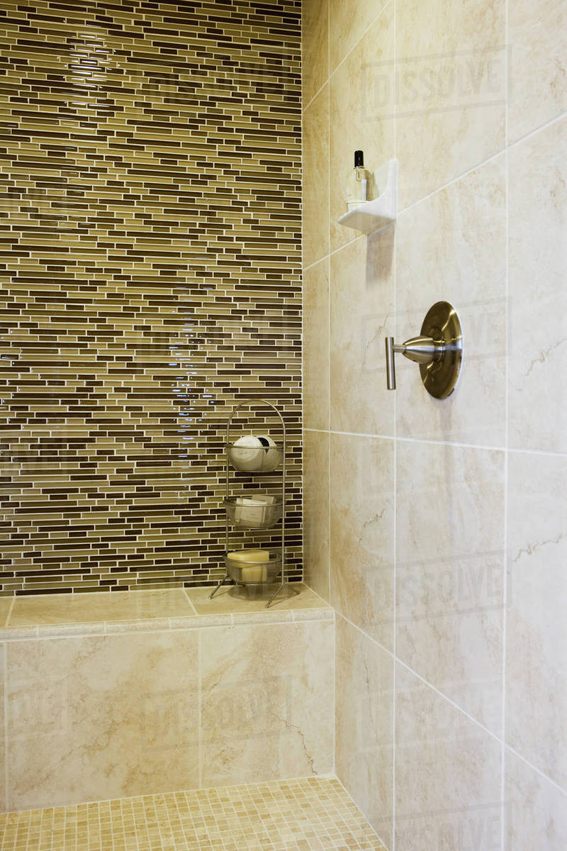 Contemporary tile shower with bench - Stock Photo - Dissolve
