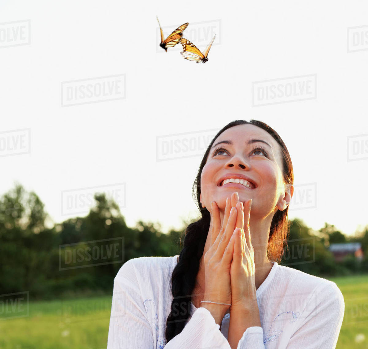 Asian woman watching butterflies in meadow - Stock Photo - Dissolve