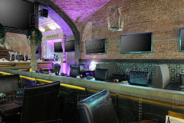 Raw of TV screens on restaurant wall - Royalty-free Stock Photo | Dissolve