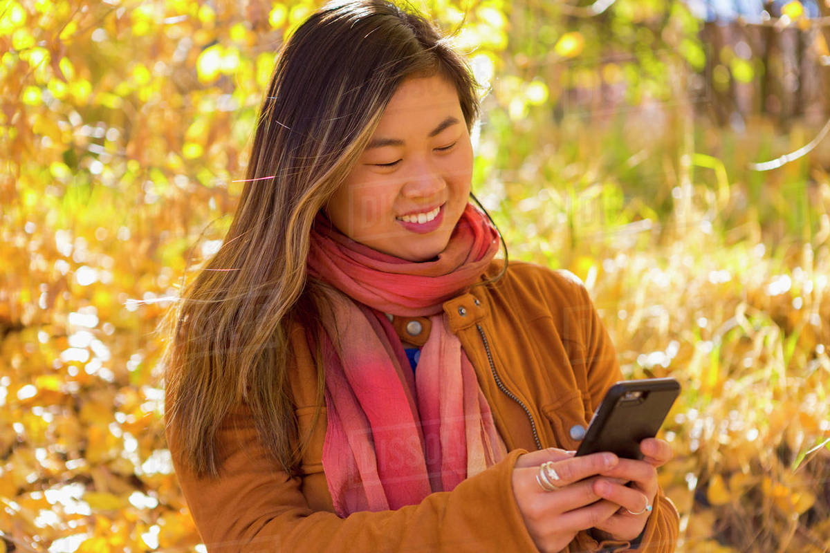 Asian woman texting on cell phone in autumn - Royalty-free Stock Photo ...