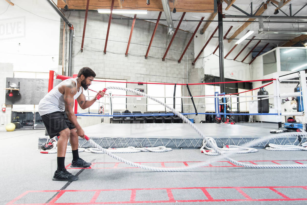 Black man lifting heavy ropes in gymnasium - Stock Photo - Dissolve