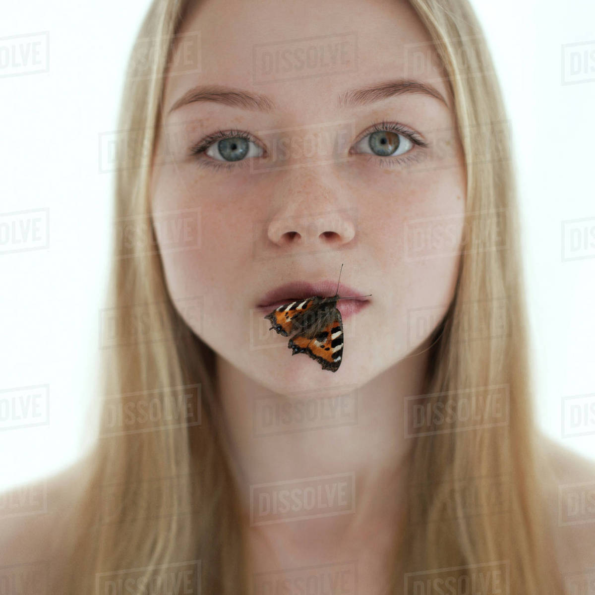 Butterfly on lips of Caucasian teenage girl - Royalty-free Stock Photo ...