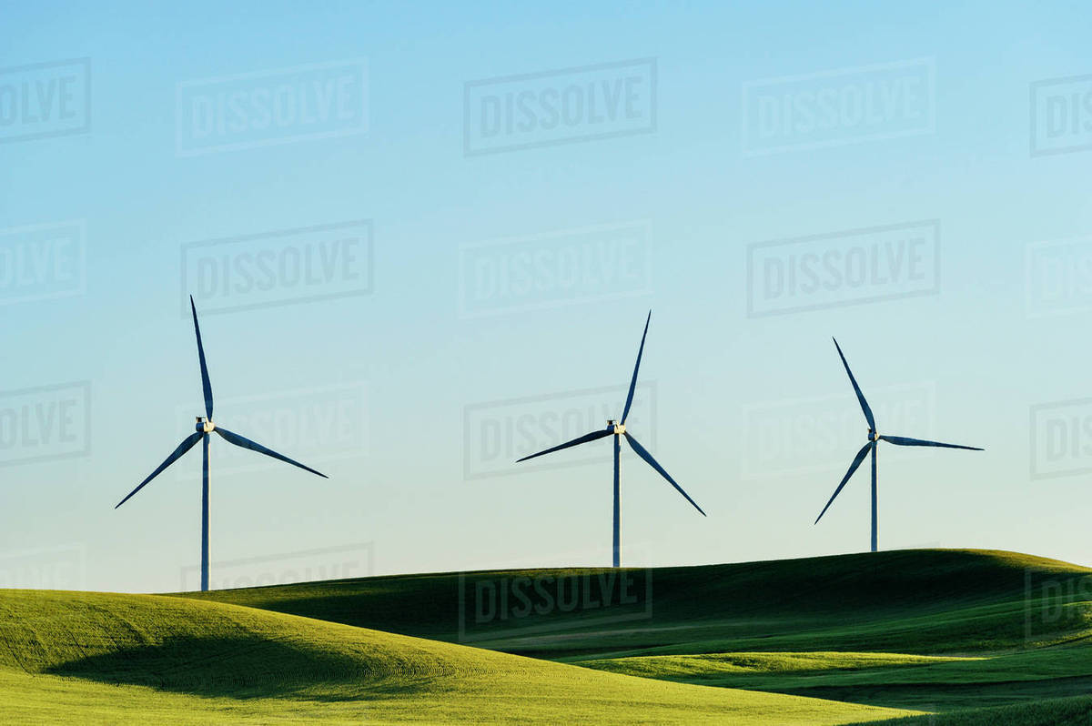 Wind turbines in green rolling landscape - Royalty-free Stock Photo ...