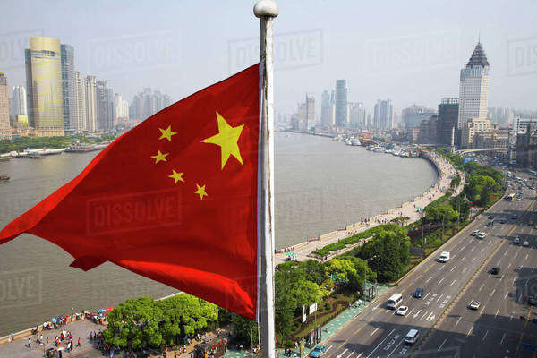 Chinese flag overlooking cityscape, Shanghai, China - Royalty-free ...