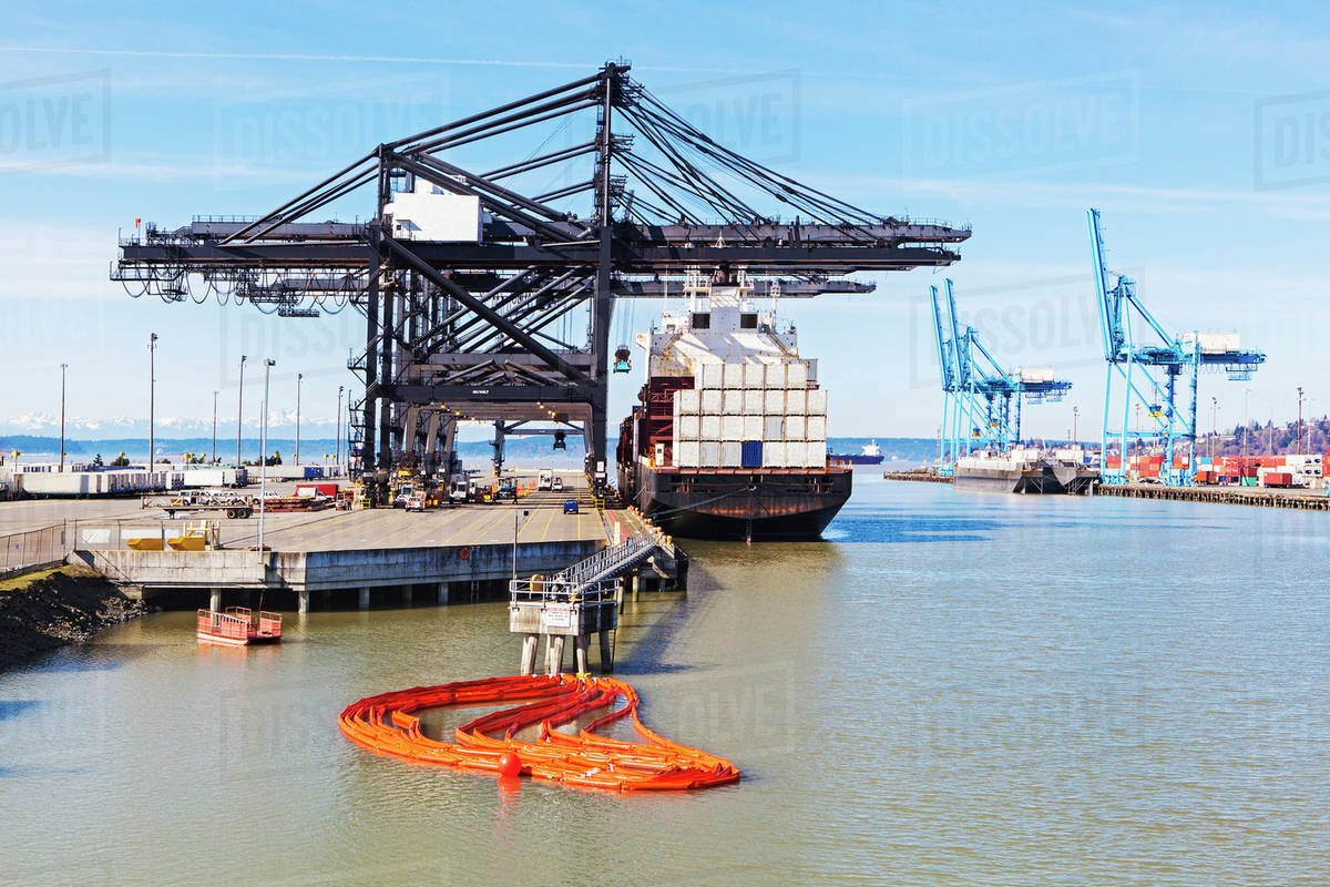 Cranes over cargo ship in harbor - Royalty-free Stock Photo | Dissolve