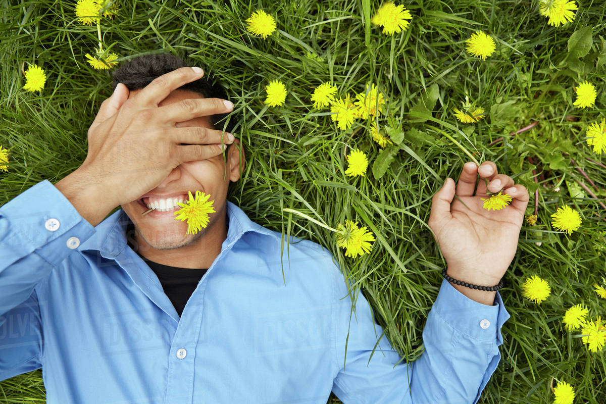 Smiling man laying in field of flowers - Royalty-free Stock Photo ...