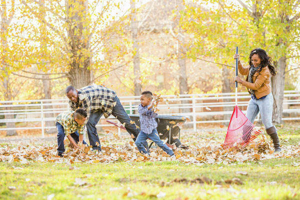 Family raking autumn leaves together - Royalty-free Stock Photo | Dissolve