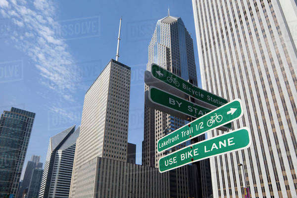 Close up of road signs on Chicago city street, Chicago, United States ...