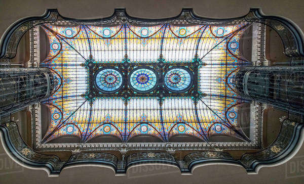 Low angle view of stained glass ceiling of Gran Hotel Ciudad de Mexico ...