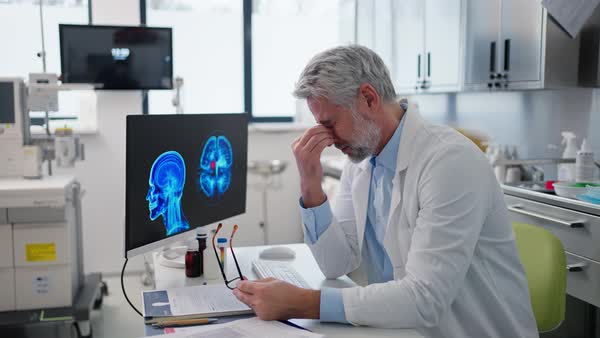 Sad doctor looks at an MRI scan, patient's bad test results, feeling ...