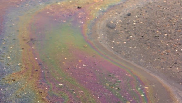 Close-up of oil slick in water on pavement - Stock Video Footage - Dissolve