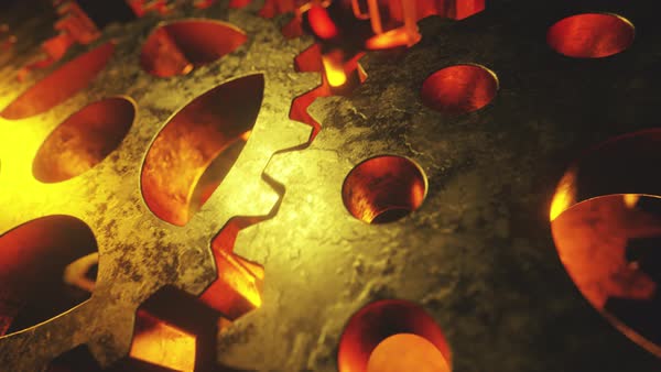 Background from rotating gold metal mechanisms. Business workflow ...