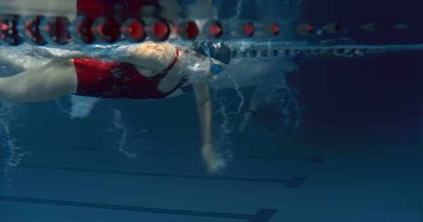 Underwater view of woman performing a flip turn in the swimming pool ...