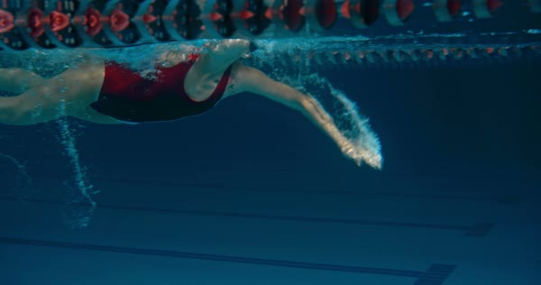 Underwater view of woman swimming front crawl and doing flip turn in ...