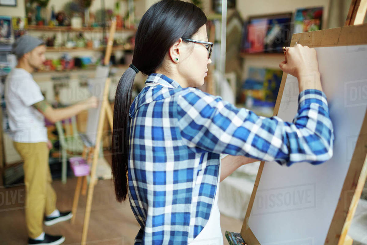 Modern students of art school drawing sketch with pencil - Stock Photo ...