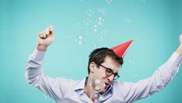 Crazy face man dancing in bubble showerslow motion photo booth blue ...