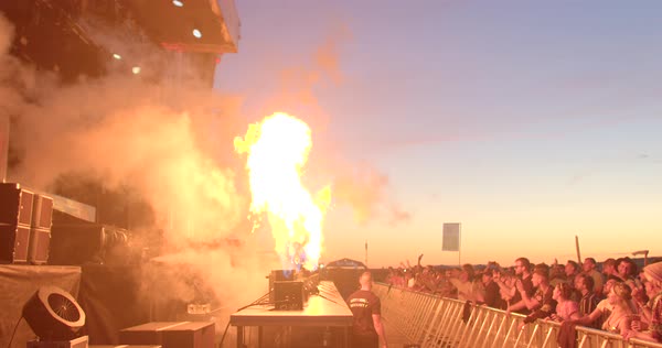 Spectacular stage decoration with fire and smoke at the largest drum ...