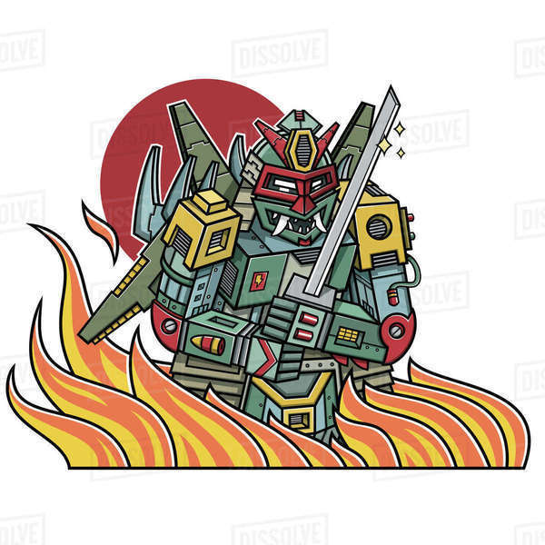 Cartoon illustration of samurai robot with fire isolated on white ...