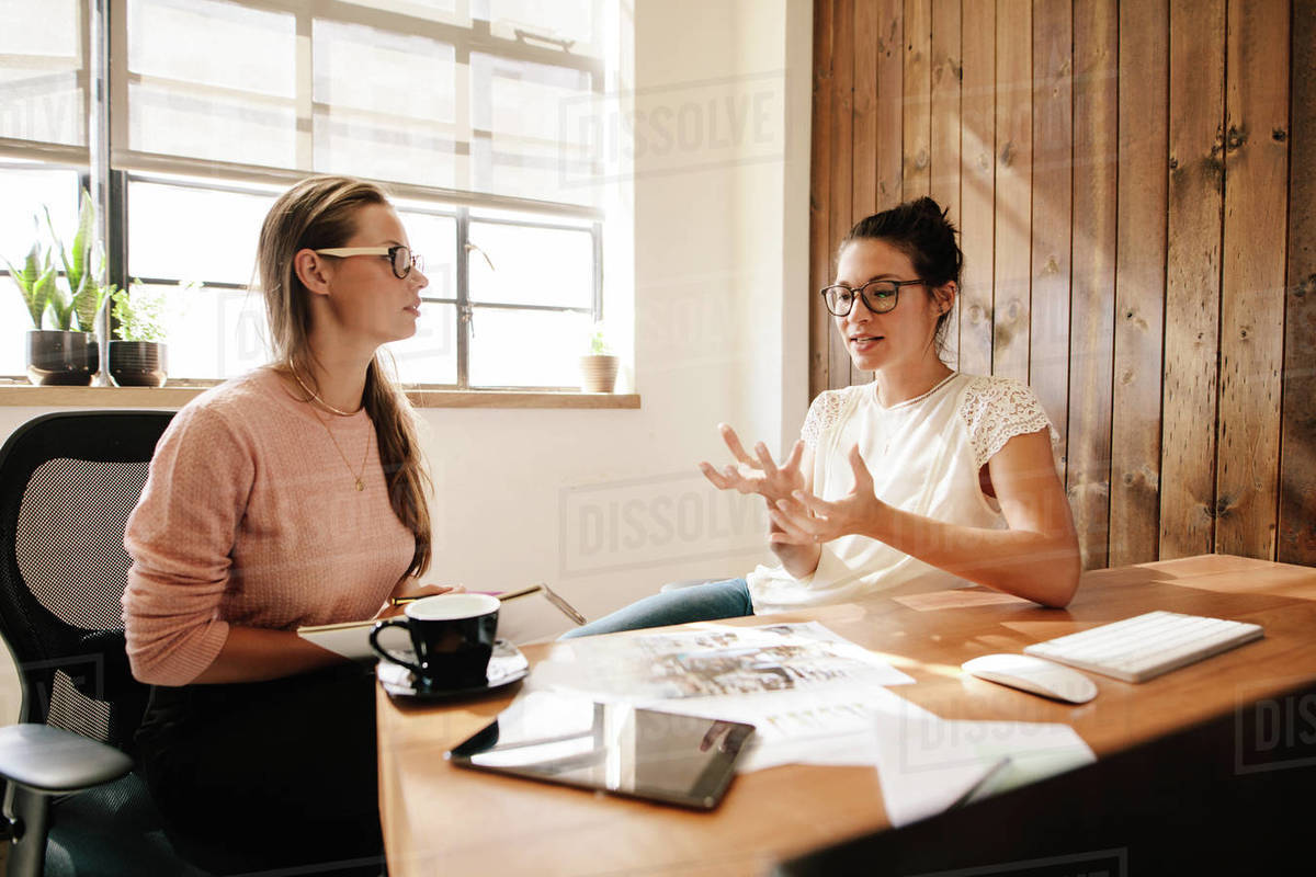 Two Businesswomen Discussing New Project Ideas At Office Desk