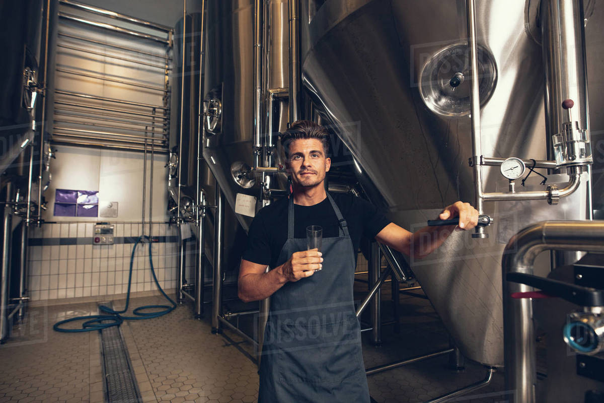Portrait of male brewer standing by tank in brewery. Man examining the ...