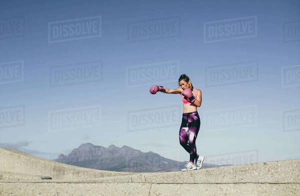 Fit young woman punching workout. Female boxer practicing boxing ...