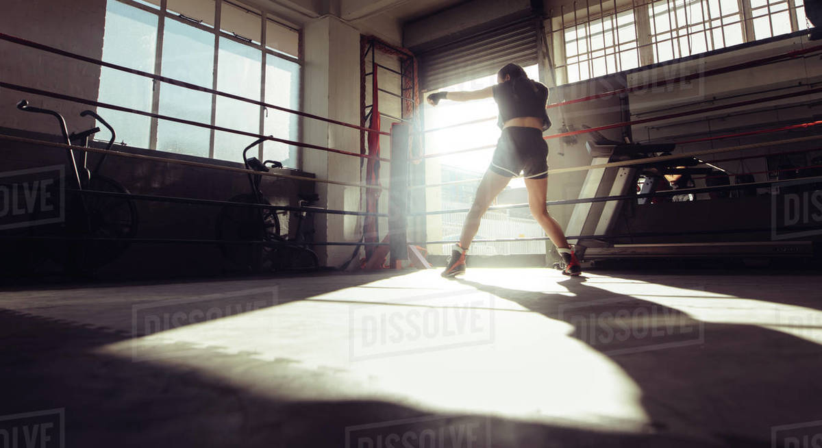 Rear view of female boxer doing shadow boxing inside a boxing ring ...