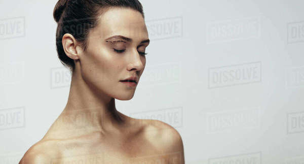 Close up portrait of attractive young woman with dotted line under ...