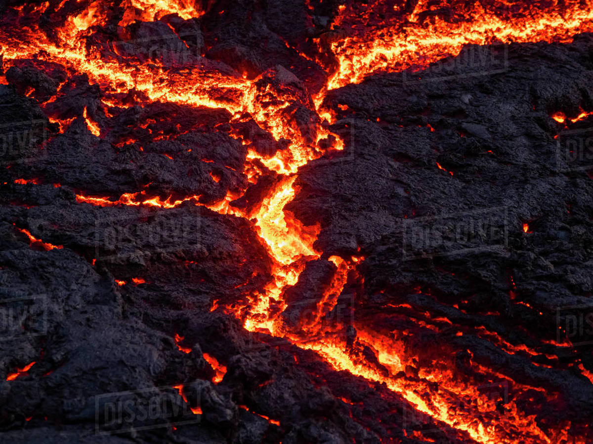 Cracks in lava flow and glowing magma, Fagradalsfjall Volcano, Iceland ...