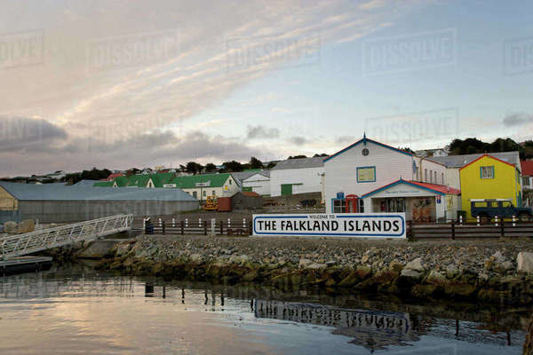 Welcome sign at the waterfront, Stanley, Falkland Islands, England ...