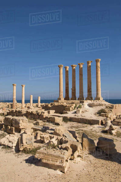 Ruins of buildings in an ancient Roman city, Sabratha, Tripolitania ...