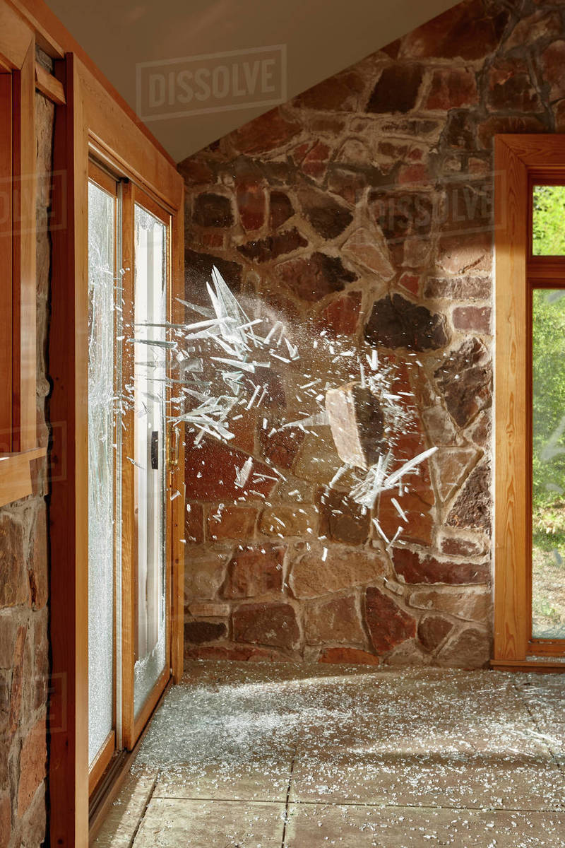 Rock being thrown through sliding glass door, Home Invasion, Smashed ...