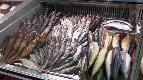 Dried and smoked fish on display case in fish shop panoramic shot ...